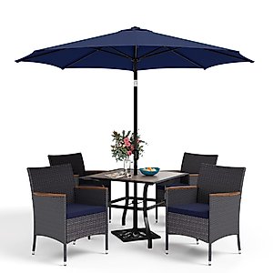 Sophia & William 5 Pieces Outdoor Furniture with 9ft Navy Patio Umbrella, Outdoor Patio Dining Set for 4 People, Square Faux Wood Patio Table and Rattan Chairs, Patio Furniture Set with Seat Cushions