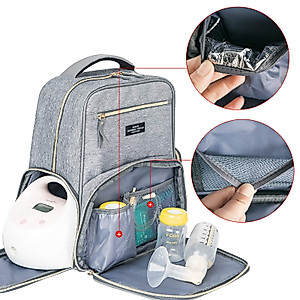 Breast Pump Backpack Diaper Bag - Multi-Function Cooler and Moistureproof Bag for Mother Baby Bottle Breast Milk Pump Mommy Outdoor Working Backpack with Insulation Pocket (Grey)