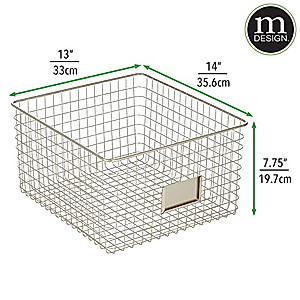 mDesign Wide Metal Farmhouse Storage Organizer Bin Baskets with Label Slot for Closet, Cabinet, Cupboard - Wire Organizing Basket Holds Clothing, Linens, Shoes, Omaha Collection, 2 Pack, Satin
