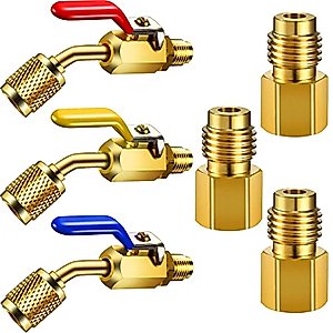 Mudder 6 Pieces Air Conditioning Refrigerant Angled Compact Ball Valve 1/4 Inch for R410A R134A R12 R22 HVAC and R12 R22 to R134A Adapters 6015 R134A Refrigerant Tank Adapter 6014 Vacuum Pump Adapter