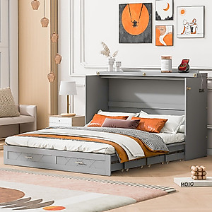 Harper & Bright Designs Queen Size Murphy Bed Wall Bed, Murphy Bed Chest Cube Cabinet Bed with USB, Charging Station and Large Storage Drawer for Home Office, Pulley Structure Design - Gray