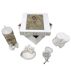 Baptism Candle Set in a Wooden Box with Towel, Catholic Baptism Kit,Candle, Rosary and Shell for Baby Boys and Girls. Handmade in Mexico Gift for Godparents. Holy Spirit Baptism Kit Kit de Bautizo.