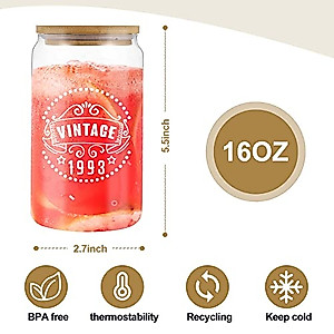 Delsakhula 30th Birthday Gifts for Women Men Vintage 1993 Coffee Can Glass 30 Year Old Birthday Vintage 1993 Glass Can Gifts for Women Men Coffee Glass Can with Bamboo Lid and Glass Straw 16 Oz