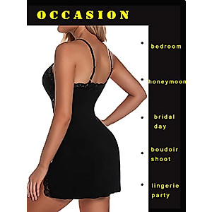 Donnalla Womens Sexy Babydoll Chemise Lingerie Lace Night Dress Slip Nightgowns Sleepwear (Black Medium)