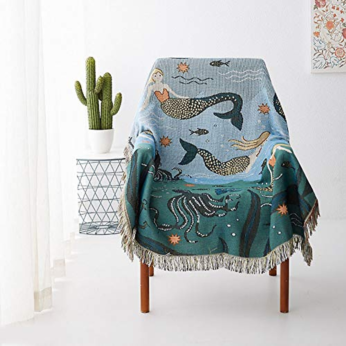 shlutesoy Throw Blankets, Throw Blanket, Mermaid Fish Ocean Tassel Sofa Cover Couch Chair Throw Blanket Carpet Tapestry 180cm x 230cm