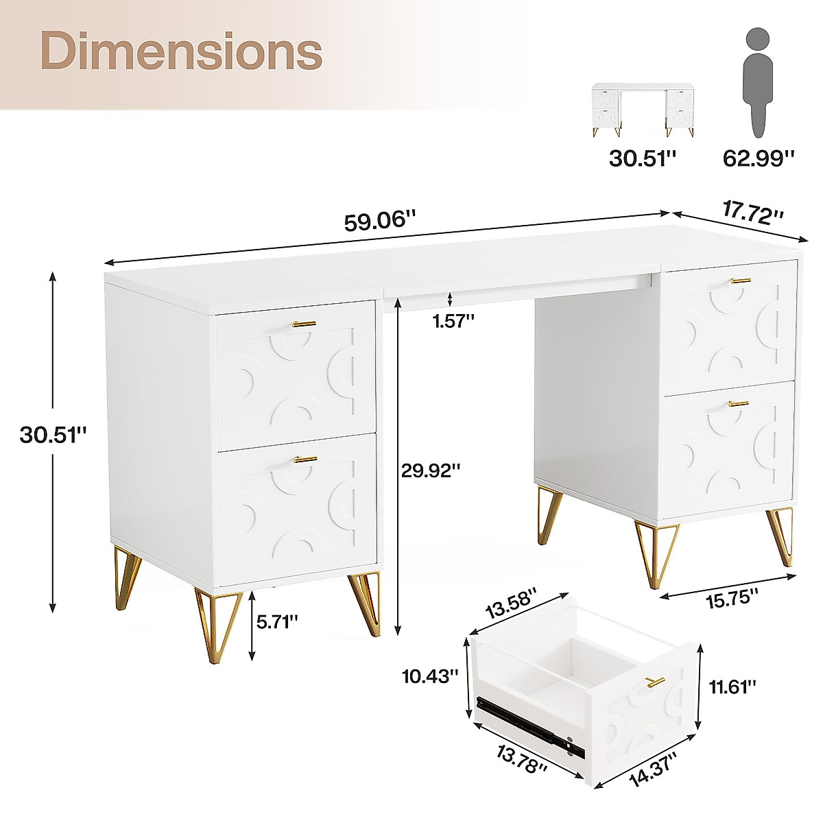 Tribesigns White and Gold Desk with Drawers, 59'' Modern Computer Desk with File Drawers, Work Desk with Storage, Simple Wood Desk with Gold Legs, Large Workstation for Home Office