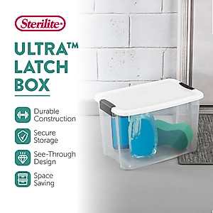 Sterilite 19859806, 30 Quart/28 Liter Ultra Latch Box, Clear with a White Lid and Black Latches, 6-Pack