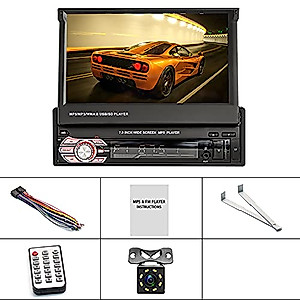 UNITOPSCI Single Din Car Stereo Car Radio with 7" Auto Retractable HD Touch Screen Car MP5 Player with Bluetooth FM Radio Mirror Link Head Unit Support TF USB AUX in Remote Control Backup Camera SWC