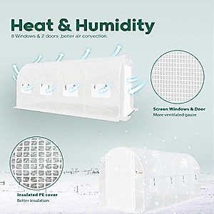 KING BIRD Upgraded 15x6.6x6.6FT Large Walk-in Greenhouse Heavy Duty Galvanized Steel Frame 2 Zippered Screen Doors 8 Screen Windows Tunnel Garden Plant Hot Green House 20 Stakes 4 Ropes 2 Gloves White