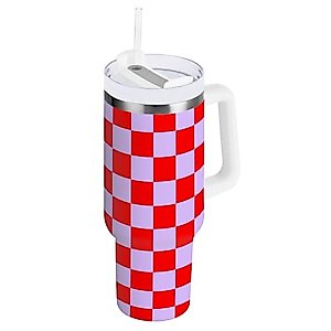 Caikeny Insulated Tumblers with Lid and Straw Checkerboard 30 oz Reusable Stainless Steel Cup Lavender Red Water Bottle Coffee Travel Tumbler Mug for Women Men
