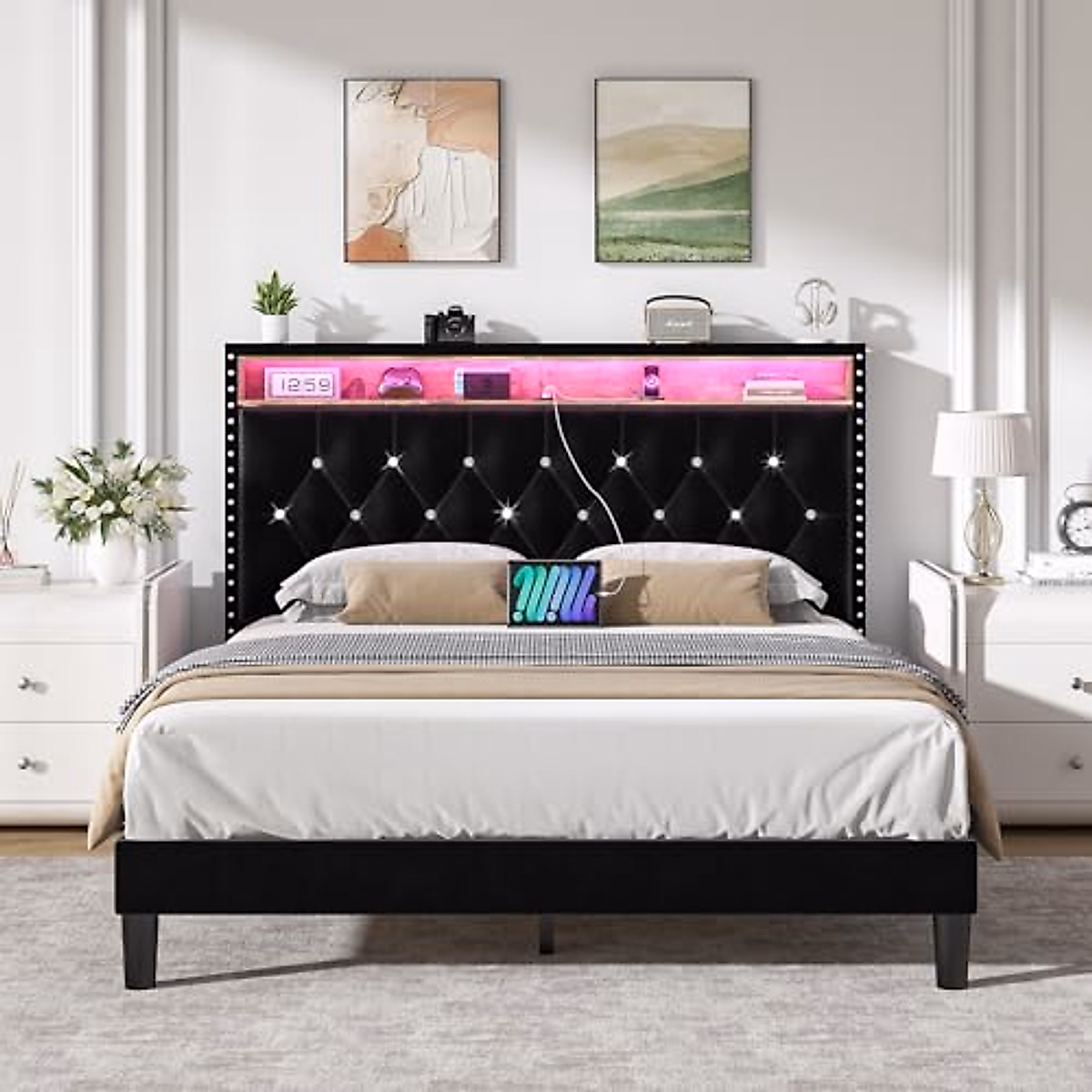 HOMBCK Queen Size Bed Frame with Led Lights, Storage Shelf Headboard, Black Velvet Upholstered, No Box Spring Needed, Noise-Free