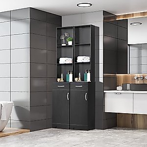 Karl home 70" Tall Bathroom Storage Cabinet Narrow Floor Cabinet Free Standing Tower Cabinet with 3 Open Shelves, 1 Drawer & 1 Compartment, for Bathroom, Living Room, Home, Black