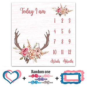 PHMOJEN Baby Monthly Milestone Blanket | Deer Antler Flowers with Words | Pink | Baby Growth Chart Monthly Blanket | Includes Markers 47"x47" BTLSPH68