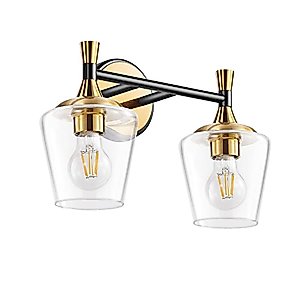 LOXYEE Gold Bathroom Vanity Light ，2-Lights Vintage Vanity Lights fixtures with Glass Shade,Gold and Black Bathroom Lights Over Mirror,for Living Rooms, Bedrooms, Hallways (Exclude Bulb)