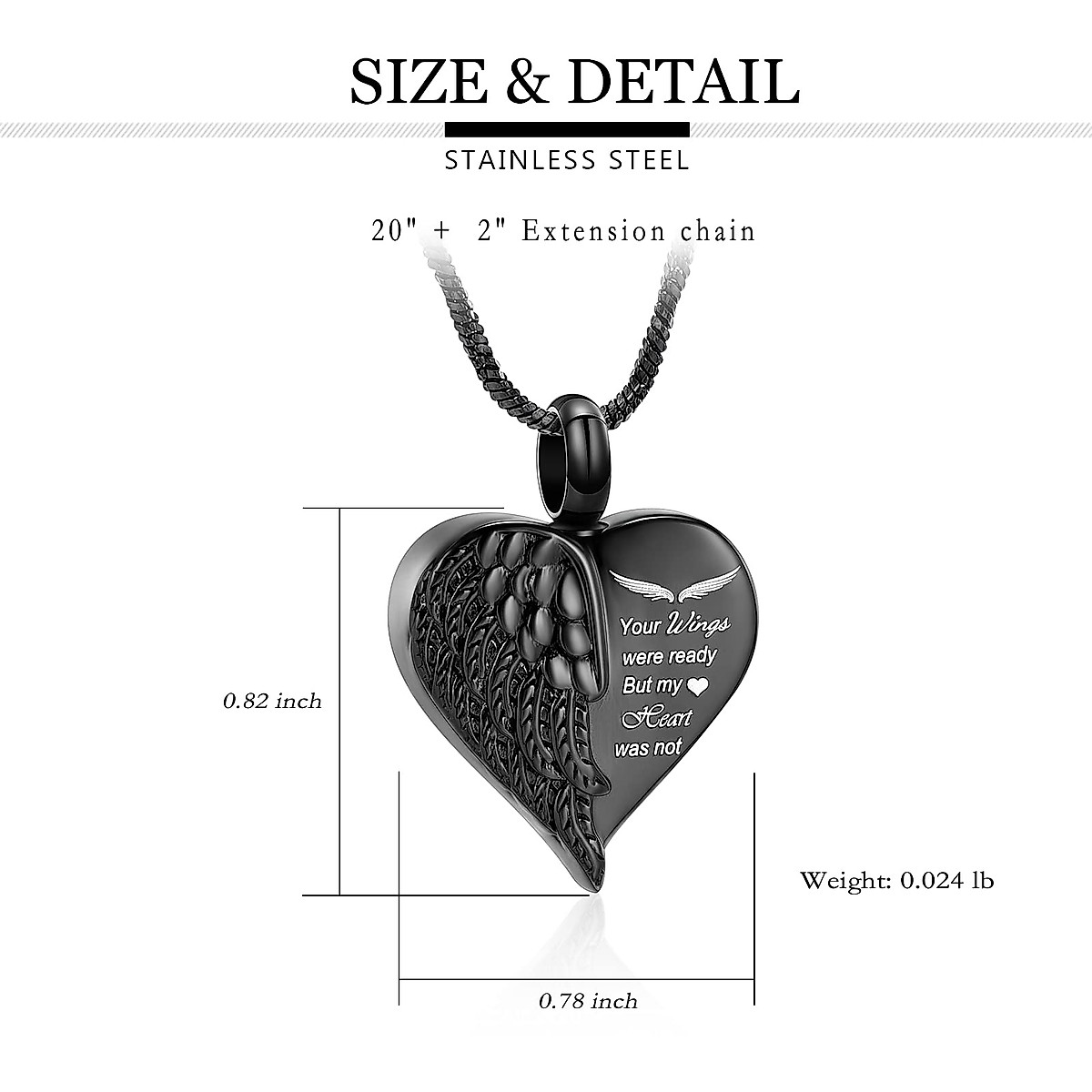 Yinplsmemory Love Heart Urn Necklace for Ashes Keepsake Memorial Cremation Jewelry Stainless Steel Angel Wing Ashes Holder Memorial Gift for Loss of Father/Mother/Pet (Black)