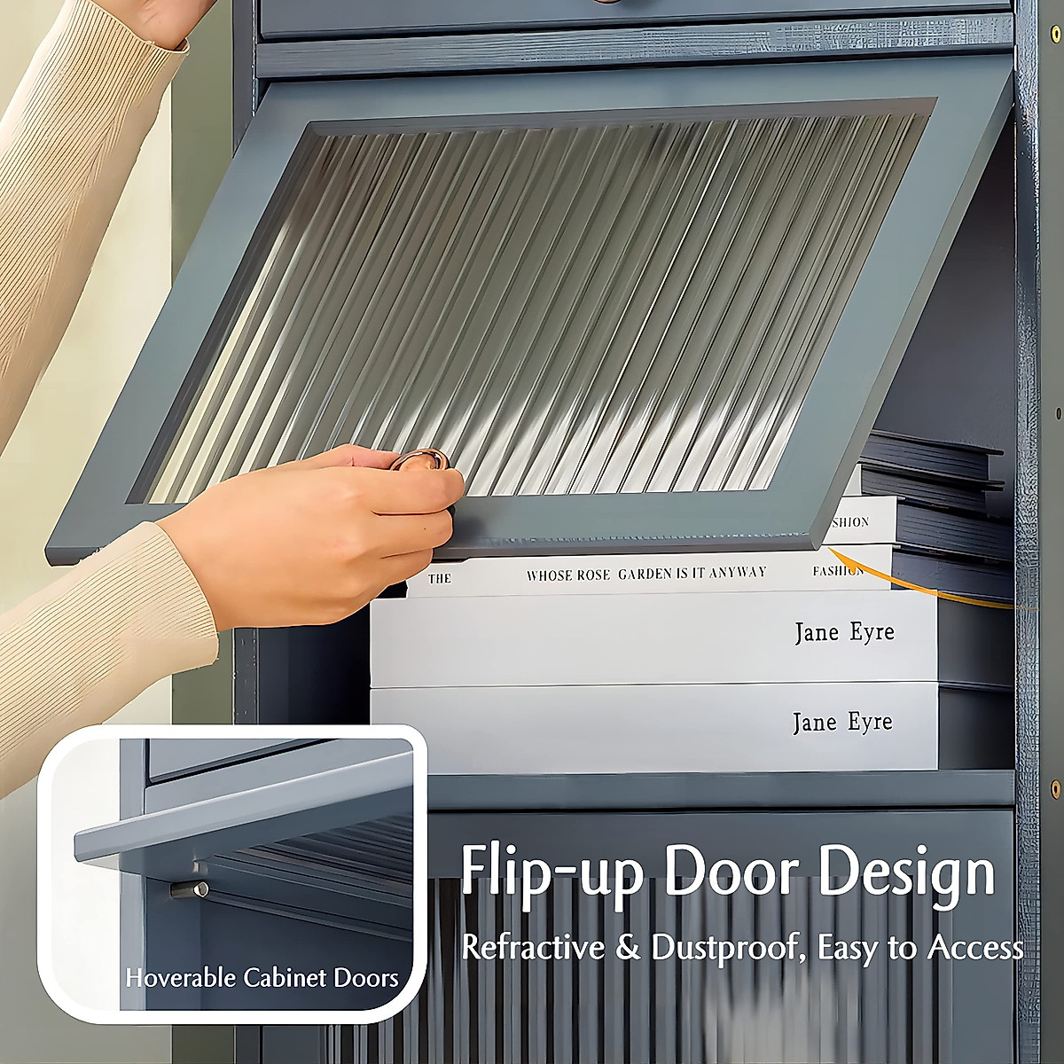 IOTXY Small Narrow Shelf Bookcase - 5-Tier Bamboo Corner Bookshelf with Moru Acrylic Doors, Freestanding Tall Skinny Storage Organizer Rack, for Living Room, Kitchen, Bedroom, Gray, 15.7" W