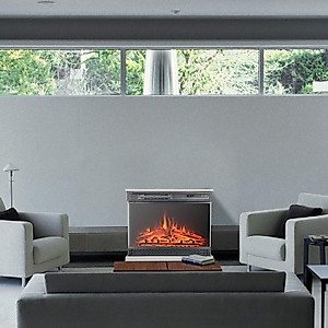 GMHome 25 Inches Portable Electric Fireplace Free Standing Heater, Glass Window Three Sides View Window , with Remote & Wheels, 1500W, White