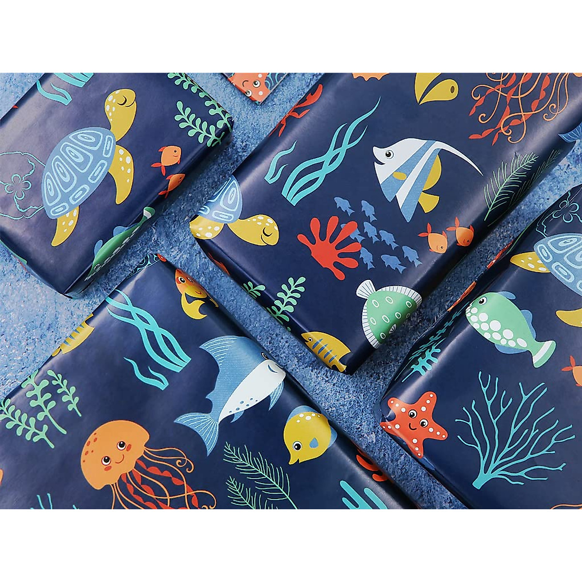 Ocean Themed Birthday Wrapping Paper For Kids Girls Boys, Under the Water Animal Coastal Design Gift Wrap Paper for Birthday Baby Shower Children's Day, 4 Sheets Folded Flat 20x28 Inches Per Sheet