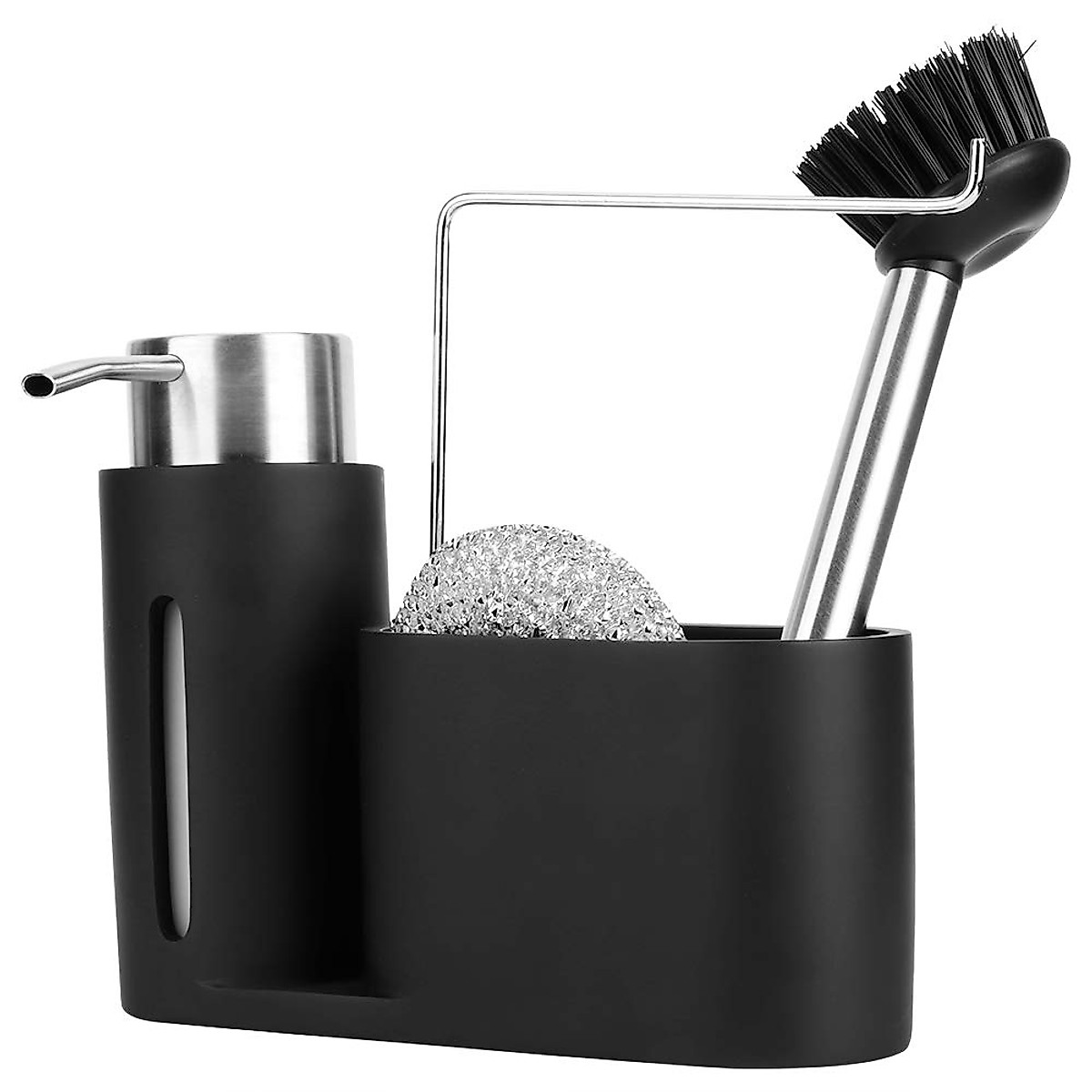 Kitchen Storage Rack with Detergent Dispenser, Steel Wire Ball and Brush Kitchen Sink Tableware Detergent Dispenser Container Dish Cloth Rag Storage Rack Black