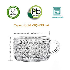 Bandesun Vintage Glass Coffee Mugs Tea Cups, 14 Oz Set of 2 - Stackable Embossed, Glassware with Handle, for Cappuccino, Latte, Cereal, Yogurt, Beverage Hot/Cold, Milk