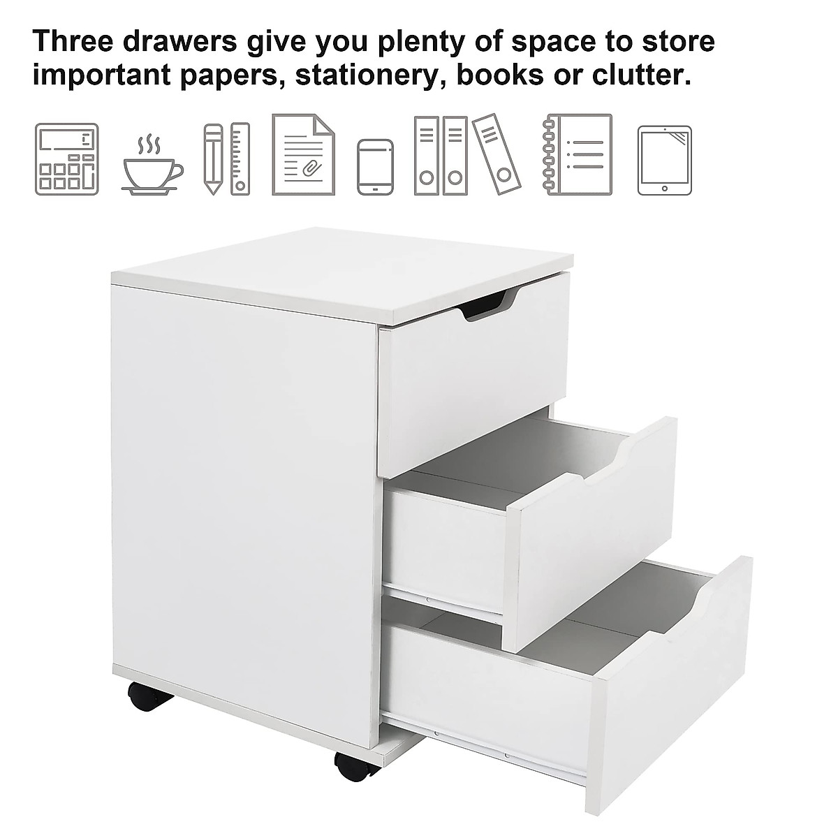 Sunon 3-Drawer Vertical Filing Cabinet Rolling Wood Mobile File Cabinets Under Desk for Home Office with Casters (White, Non-Assembled)