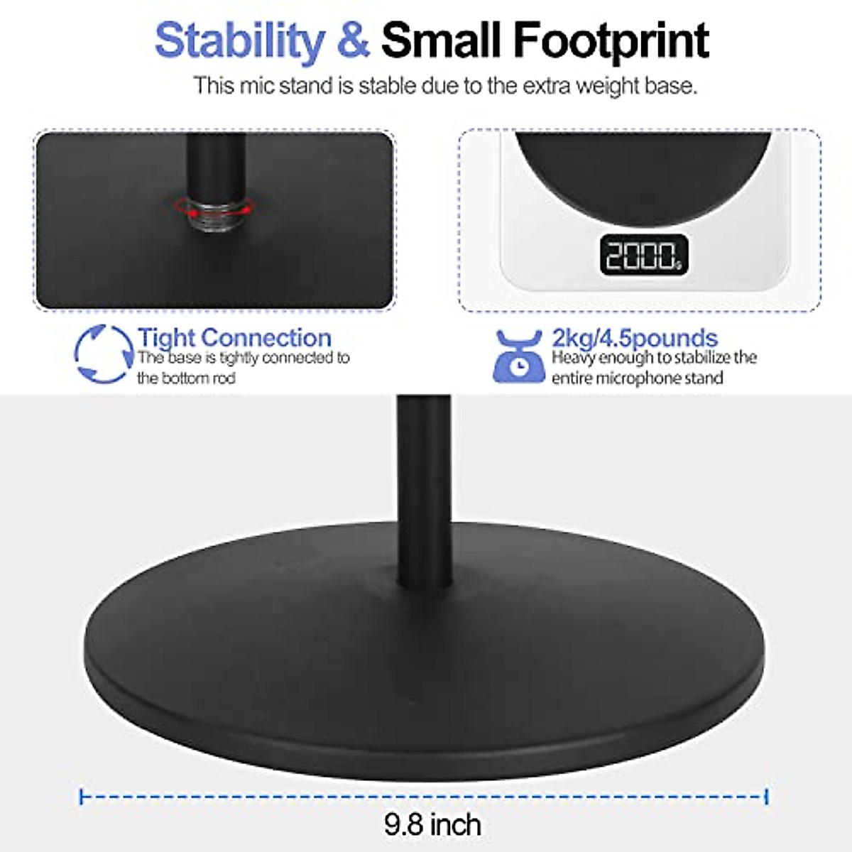 OUKMIC Microphone Stand, Adjustable Karaoke Mic Holder for Singing, Universal Floor Standing Detachable Mike Stand with Weighted Round Base, Cable Clip, Barrel Mic Clip and Tray for Kids Adults