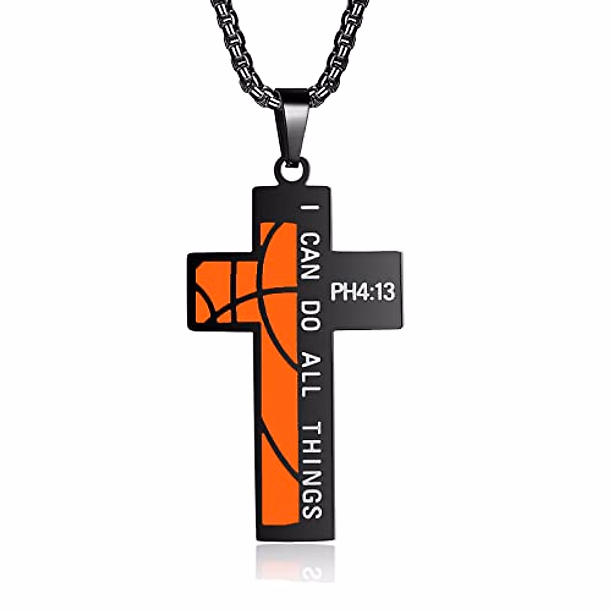 Susook Basketball Cross Necklace for Boys Bible Verse I CAN DO All Things Stainless Steel Sport Pendant for Men(Black)