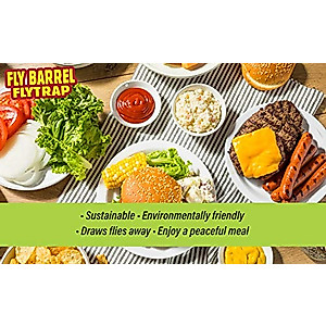 Flies Be Gone Barrel Fly Trap - Reusable Container with Patent Pending Screw Lid – 2 Non-Toxic, Poison and Pesticides Free KM34 Fly Attractant Packs - for Outdoor Home and Commercial Use