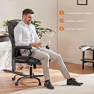 Sweetcrispy Home Office Chair, Leather Computer Gaming Chair with Armrests, Adjustable Swivel Rolling Desk Chair with Wheels, Lumbar Support, Black