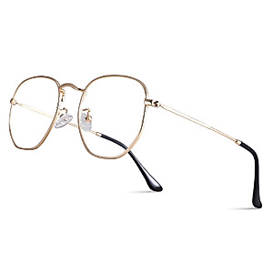 AZorb Hexagonal Clear Lens Glasses for Women Men Non-prescription Eyeglasses Designer Square Round Metal Frame(Gold Frame/Clear Lens)