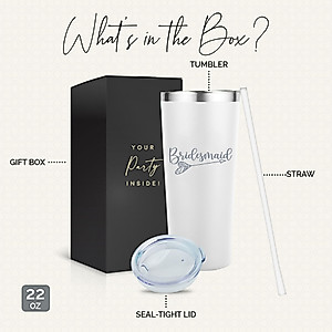 Your Dream Party Shop Bridesmaid Gift Wine Tumbler, 22oz - White Stainless Steel Cup with Straw and Lid, Perfect Bridesmaid Tumbler Proposal Gift