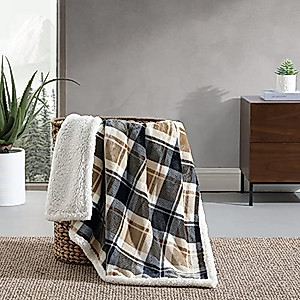 Eddie Bauer- Throw Blanket, Reversible Sherpa Fleece Bedding, Home Decor for All Seasons (Rugged Plaid Beige, Throw)