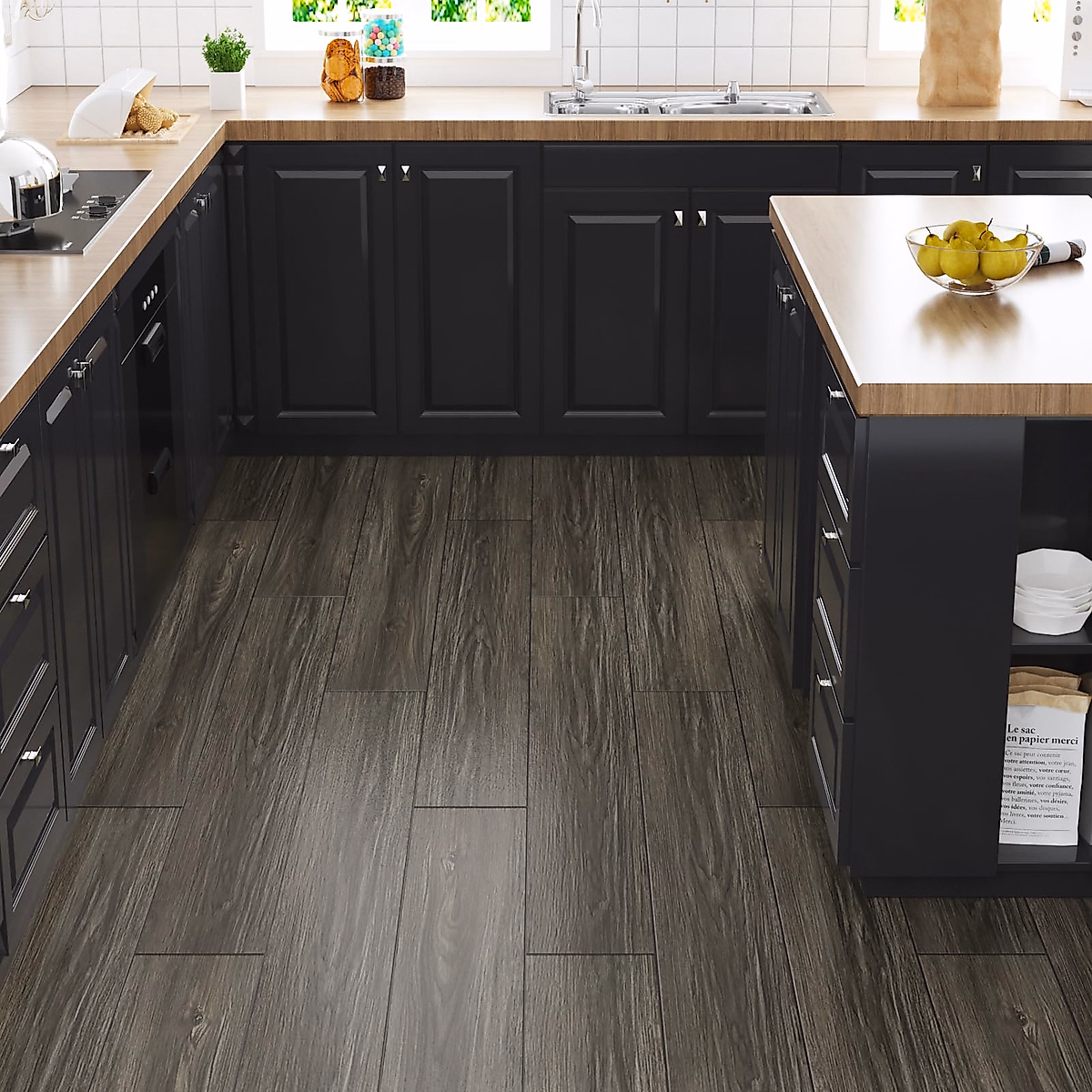 Wallercity Light Black Wood Peel and Stick Floor Tile for Kitchen 36x6 Inches Waterproof Vinyl Flooring for Bathroom Laminate Peel and Stick on Tile for Floor Self Adhesive Removable Sticky Tiles 4PCS