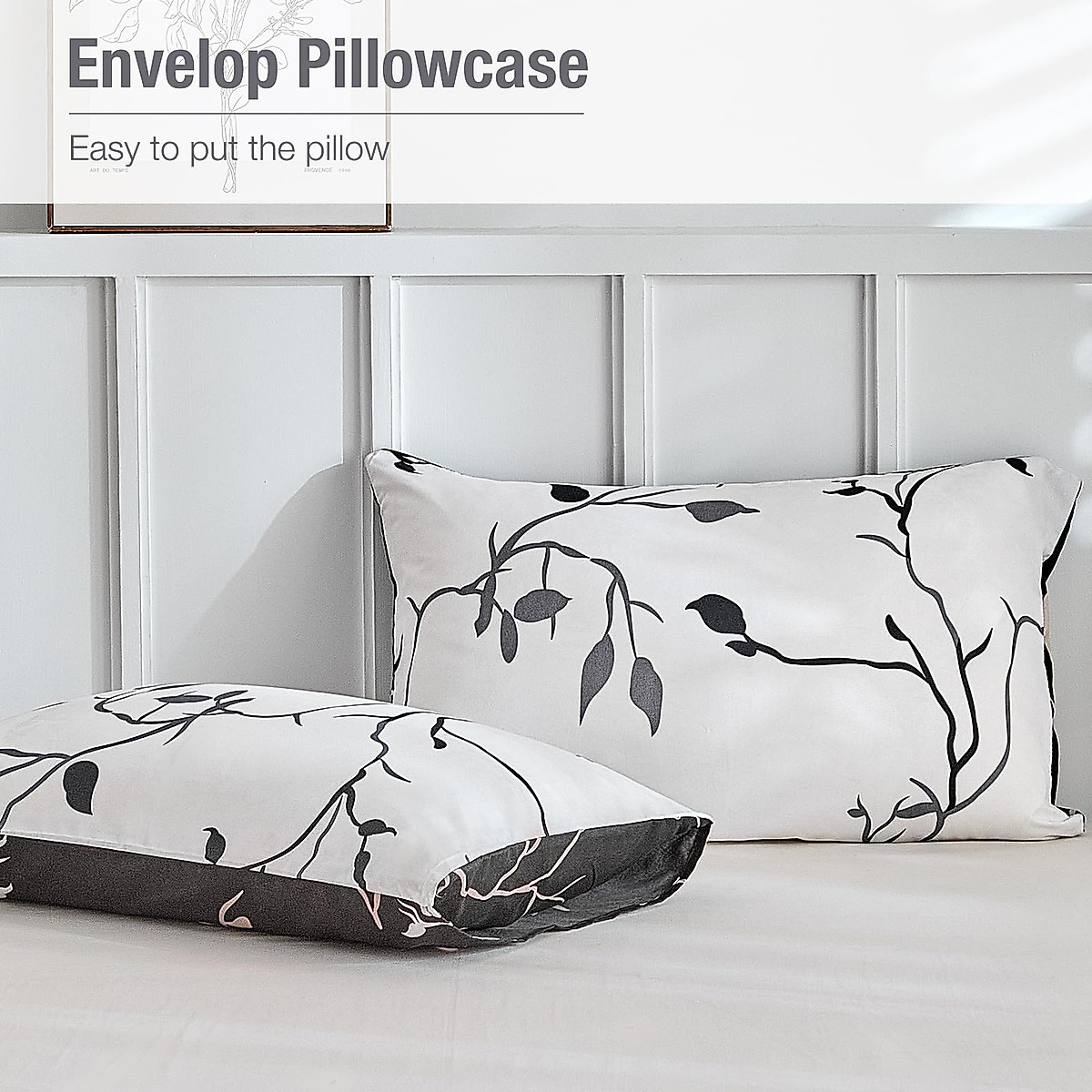 Lekesky Reversible Duvet Cover King Size, White Black Tree Branch Pattern Comforter Cover King 3pc Super Soft Microfiber Breathable Botanical Bedding Sets with Zipper Ties