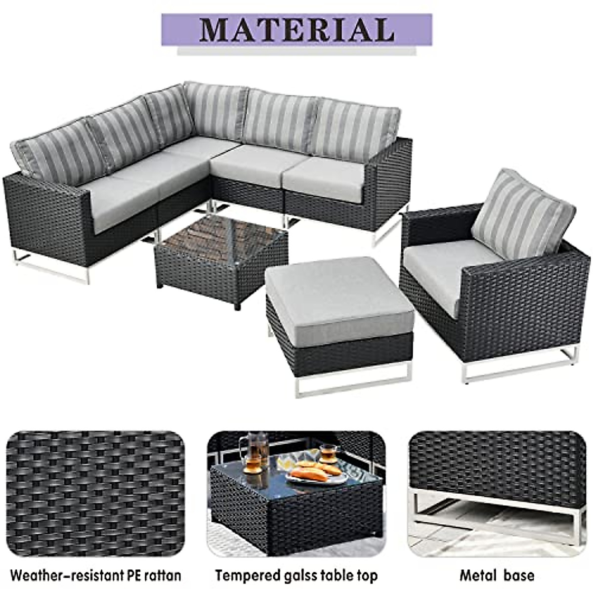XIZZI Patio Furniture Set Outdoor Sectional Sofa 8 Pieces No Assembly Required Conversation Sets All Weather PE Rattan Wicker Couch with Coffee Table and Ottoman,Dark Grey Stripes