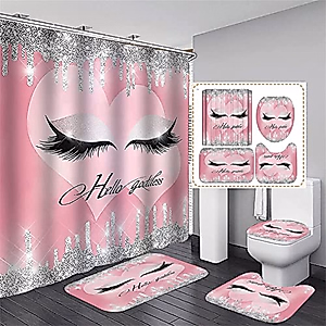 Byitre 4PCS Bling Eyelashes Shower Curtains with Rugs Bath Mat Toilet Lid Cover and 12 Hooks Waterproof Glittering Eyes Bathroom Shower Curtain Set, Fushia, 71' x 71'