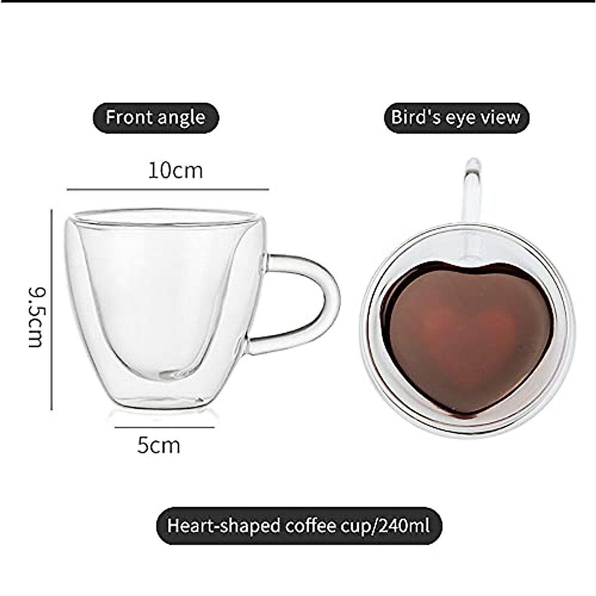 SKEMIX Heart Shaped Mug - Double Glass Coffee Cups With Heart - Double Layer Heart Cup - Heart Shaped Tea Cup - Clear Heart Mug - Heart Shaped Coffee Cup - Glass Heart Mug - Heart Shape Tea Cups
