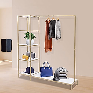 59"x63"Wardrobe Closet System Gold Clothing Rack Cothes Rack Shelf with Wood Shelves, Heavy Duty Metal Garment Rack Floor Standing Commercial Retail Display Hanging Rack for Boutiques, Bedroom
