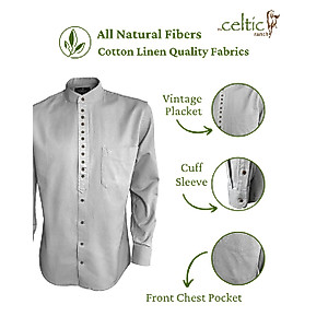 The Celtic Ranch Collarless Shirt for Men, Irish Grandfather Cotton Linen Long Sleeve Button Down Banded Collar Dress Shirt with Pocket (Grey Ash, XL)