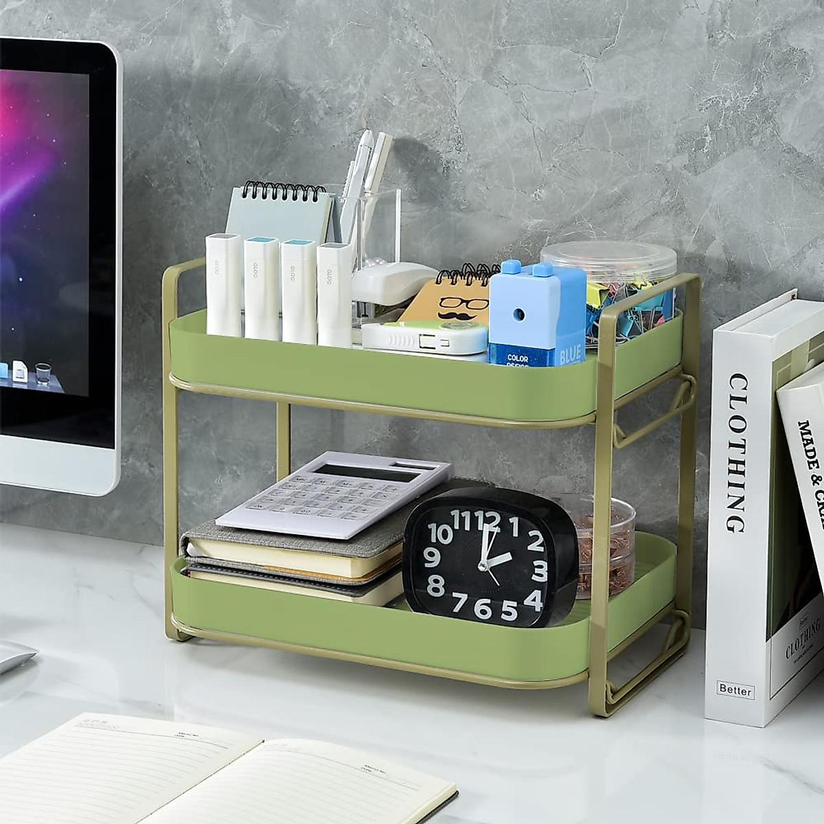 Lille Home Two-Tier Multi-Functional Storage Organizer with Removable Drain Tray, Cup/Mug Holder Shelf, BPA Free (Green)