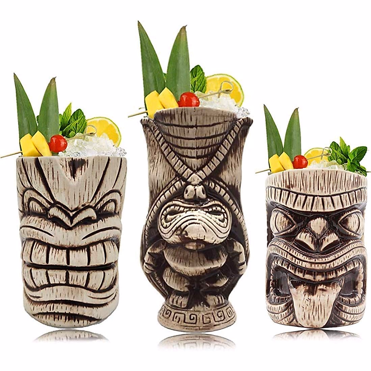 Tiki Mugs Set - Large Ceramic Tiki Mug, Cocktail Mugs for Mai Tai, Punch, Pina Colada, and Tropical bar Drinks (TIKISET)