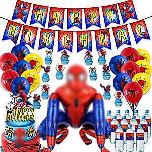 Spider Birthday Party Supplies and Decorations,Spider Themed Party For Kids Serves a Airwalker Balloon, Cupcake Toppers,Banner,Latex Balloons and Bottle Stikers