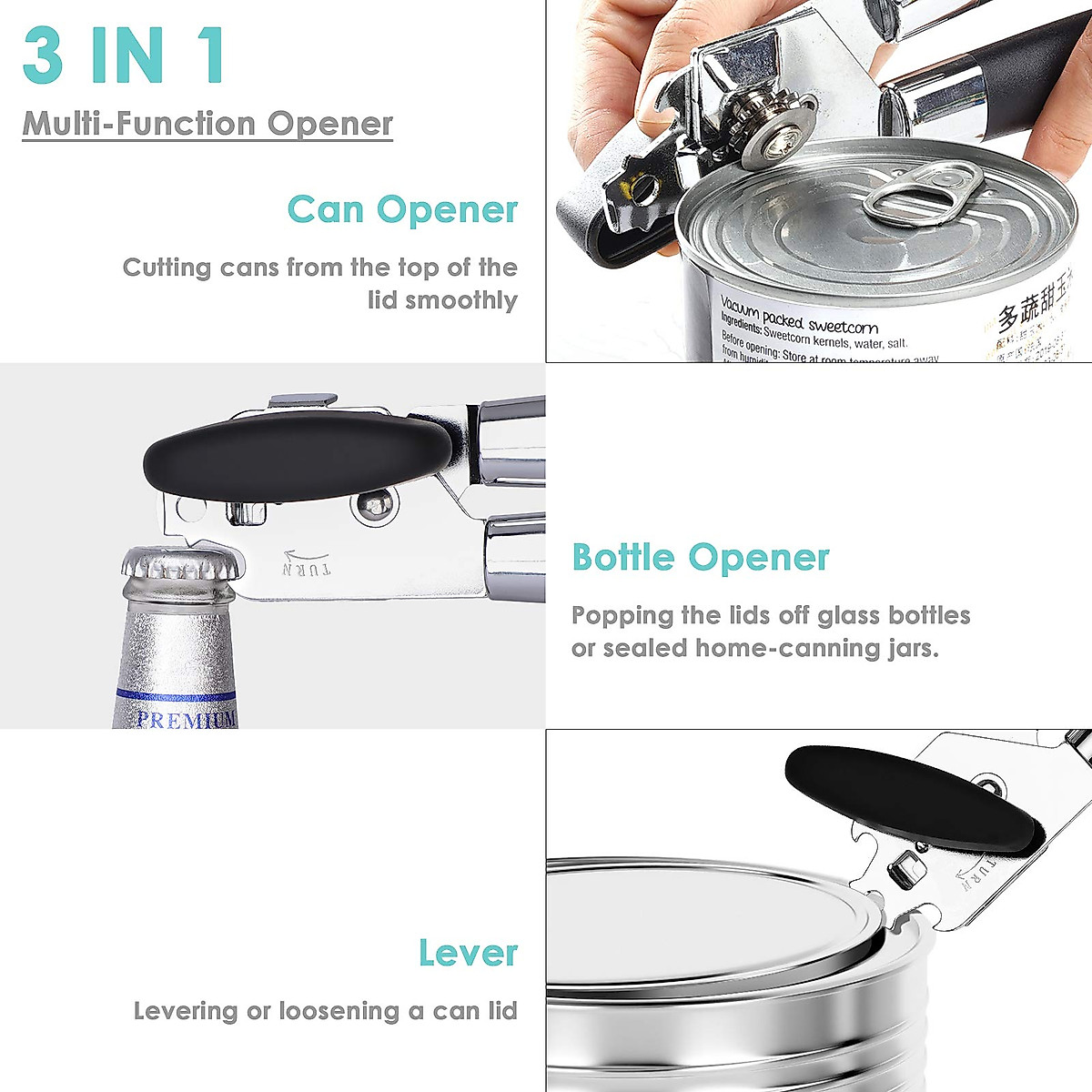 Can Opener, Kitchen Aid Can Opener Manual Smooth Edge Food Safety Cut 3-in-1 Can Openers Bottle, Can Opener Handheld with Bottle Opener, Easy to Use