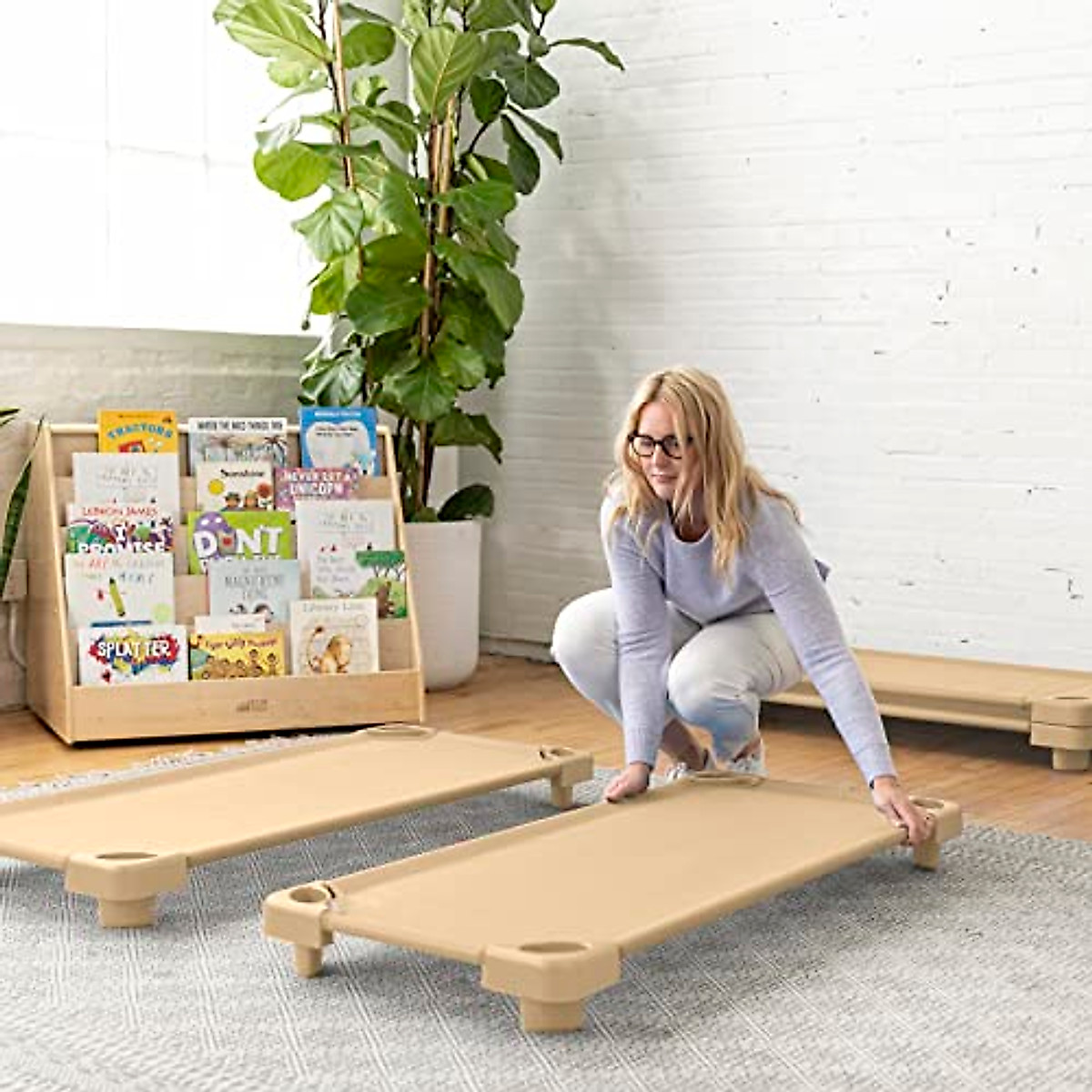 ECR4Kids Stackable Kiddie Cot, Standard Size, Classroom Furniture, Sand, 6-Pack