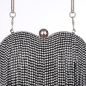 Sither Rhinestone Tassel Handbag Purses for Women Evening Handbag Purses Heart Shape Tassel Clutch Purses Sparkly Clutches Shoulder Chain Bags for Party Prom Christmas Gift (black)