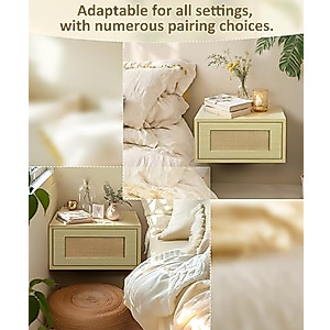 SUMGAR Floating Nightstand Set of 2 Rattan Boho Bedside Table Organiser Shelf Wall Mounted Pair of Beige Storage Display Wood Small Furniture for Bedroom Home Decor