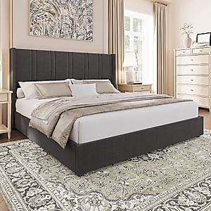 BRELTAM Queen Size Bed Frame with 4 Storage Drawers Linen Upholstered Platform Bed with Wingback Headboard, No Box Spring Needed, Easy Assembly, Dark Grey