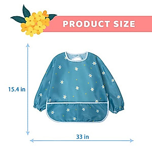 Little Dimsum Mess-Proof Baby Bibs|Infant Toddler Long Sleeve Waterproof Feeding Art Smock|Catching Food & Wipe Clean| Pack of 2 Colors Flower Sets