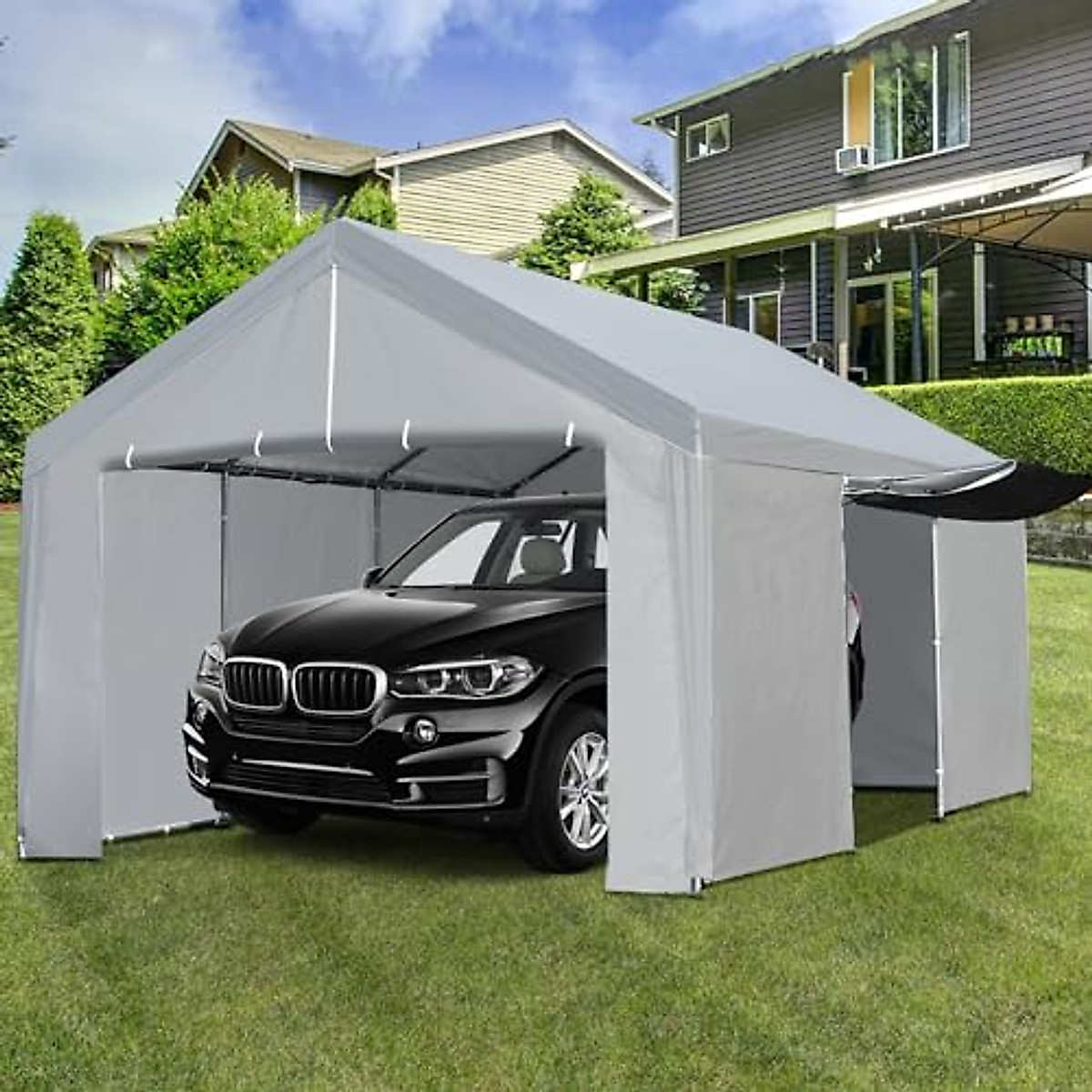 ACONEE Carport 10×20 FT Heavy Duty Car Canopy Storage Shed, Portable Garage Party Tent with Removable Sidewalls & Doors, Reinforced Triangular Beam, All Metal Frame, Garage Shelter Waterproof, Grey