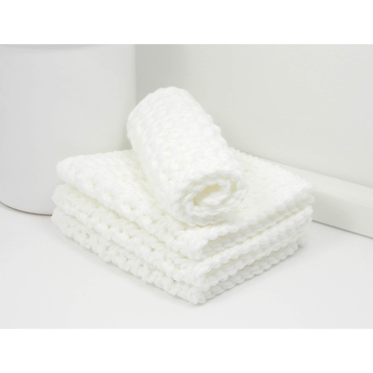 Set of 4 Handmade White 4 inch x 7 inch Rectangular Crochet Cotton Dishcloths